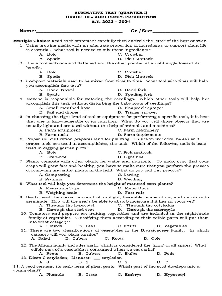 Q1 AGRICROPS G10 TQ Summative | PDF | Seed | Sowing