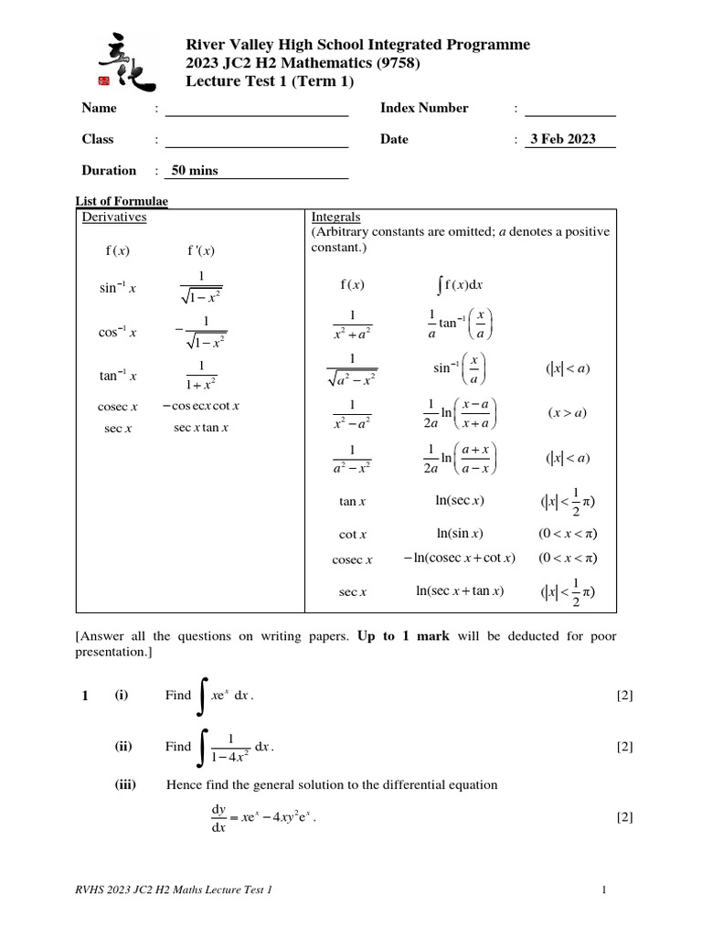 Rvhs 2023 j2 H2ma Test 1 4b Soln (STD) | PDF | Trigonometric Functions ...