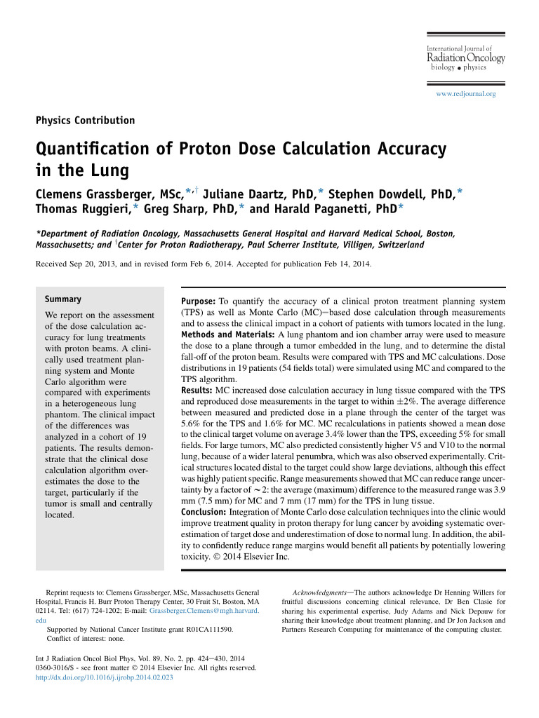 2014 - Grassberger - C - Quantification of Proton Dose Calculation Accuracy | PDF | Radiation ...