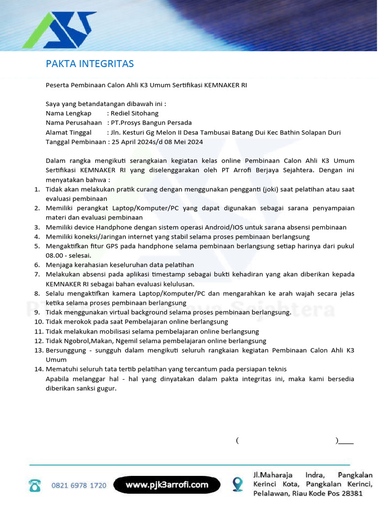 Format Pakta Integritas Ahli K3 Umum | PDF