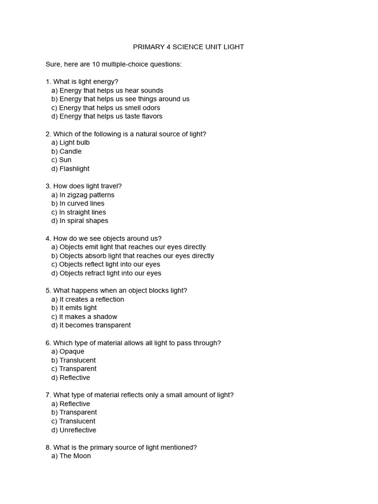 Primary 4 Science Unit 6 Light | PDF
