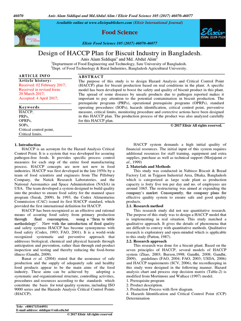 HACCP Model for Biscuit Production | PDF | Hazard Analysis And Critical ...