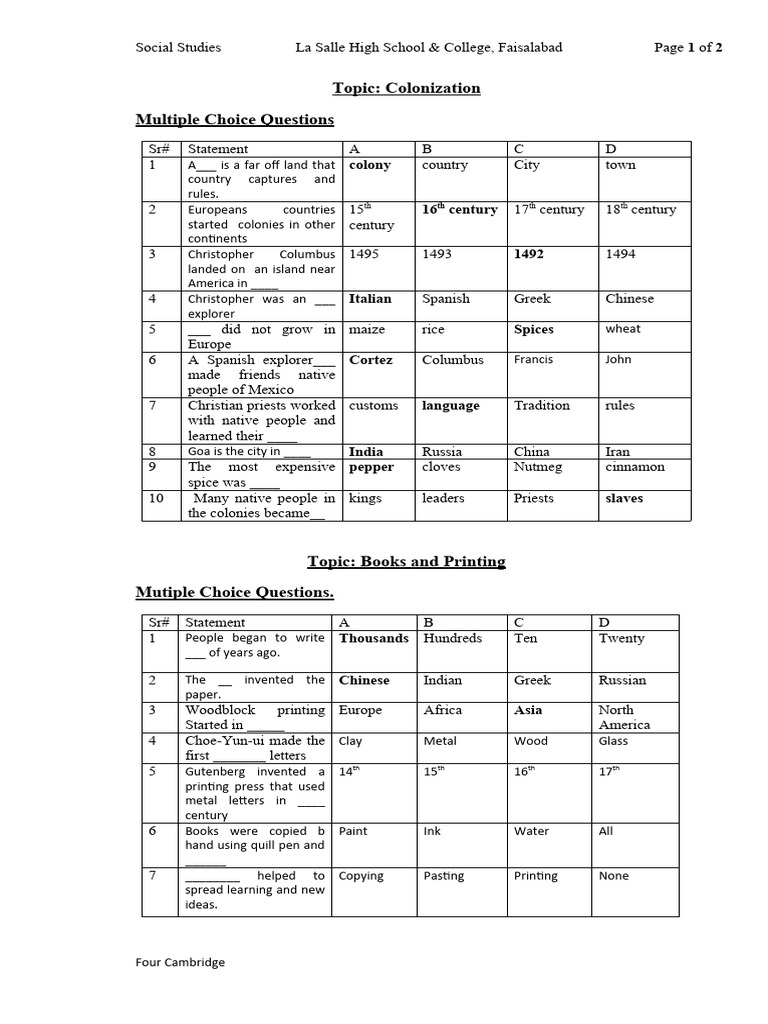 Topic: Colonization Multiple Choice Questions: Colony | PDF | Spice