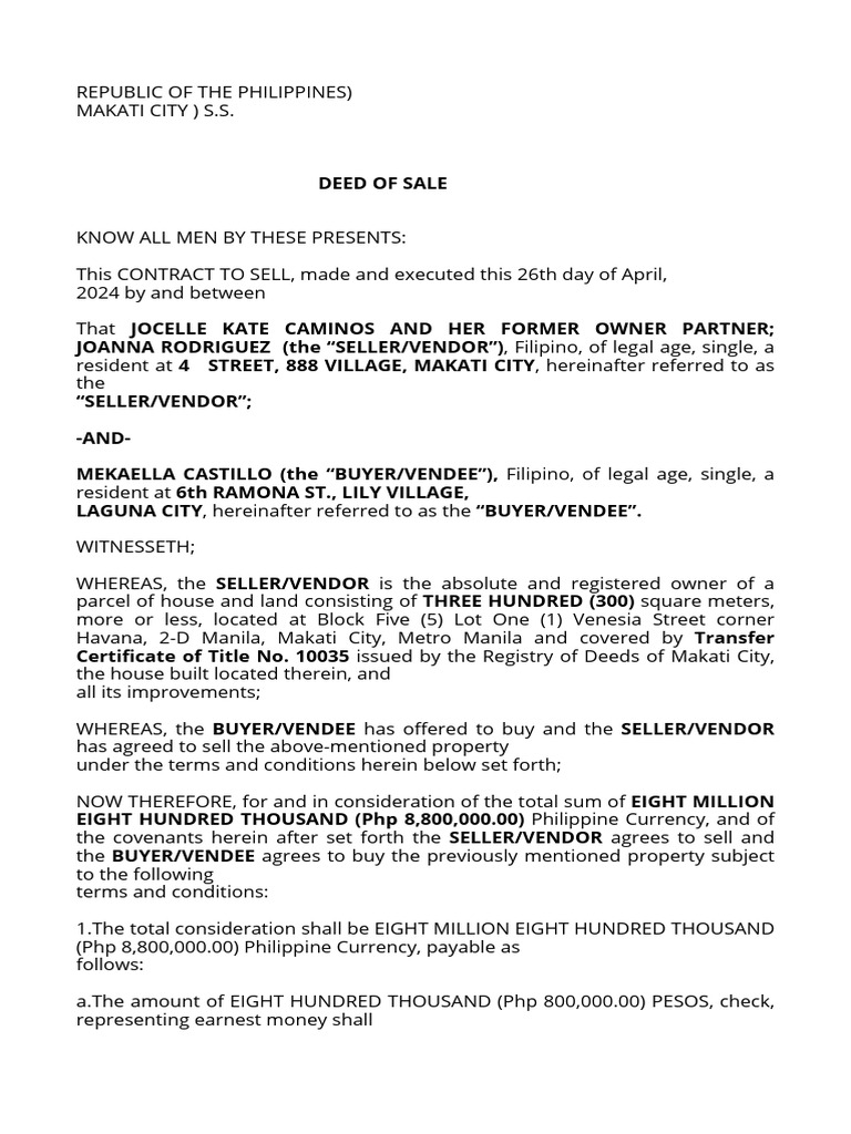 Deed of Sale | PDF | Taxes | Sales