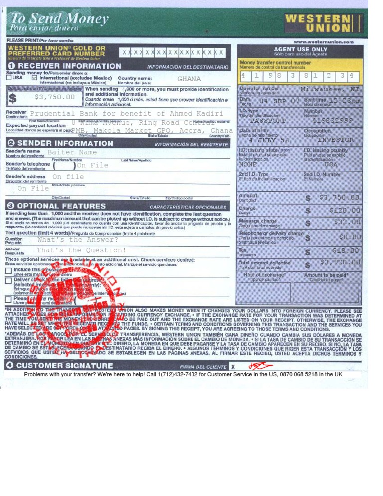 Prudential Bank Interactive Form WU Transfer | PDF