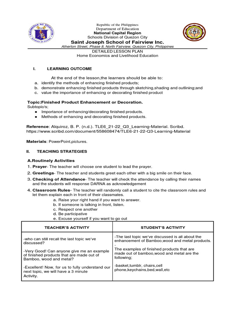 Tle-6-Lp-Detailed-Lesson-Plan Verana | PDF | Lesson Plan | Creativity
