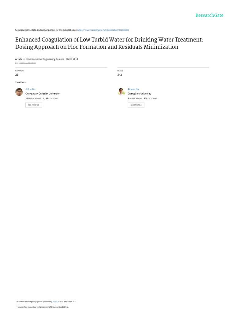 Enhanced Coagulation of Low Turbid Water For Drinking Water Treatment ...