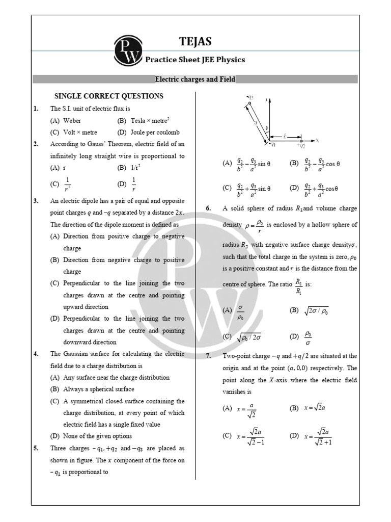 Tejas: Practice Sheet JEE Physics | PDF | Electric Field | Physics