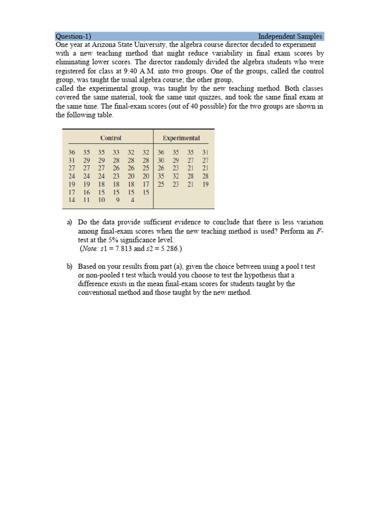 Practice Questions Independent and Dependent Sample Case | PDF ...