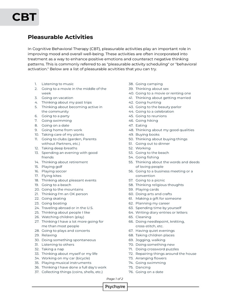 Pleasurable Activities Form | PDF | Cognitive Behavioral Therapy