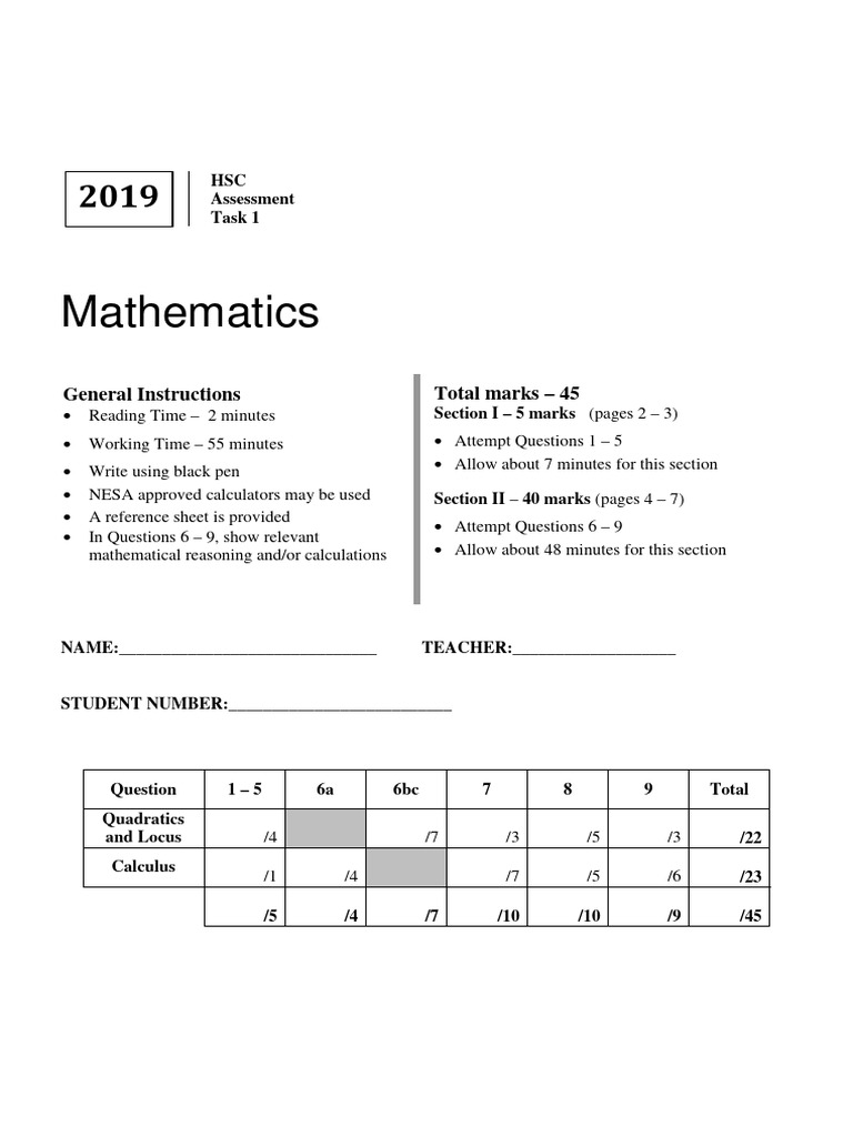 Nsghs HSC 2019 2u Task1 | PDF | Geometry | Mathematics