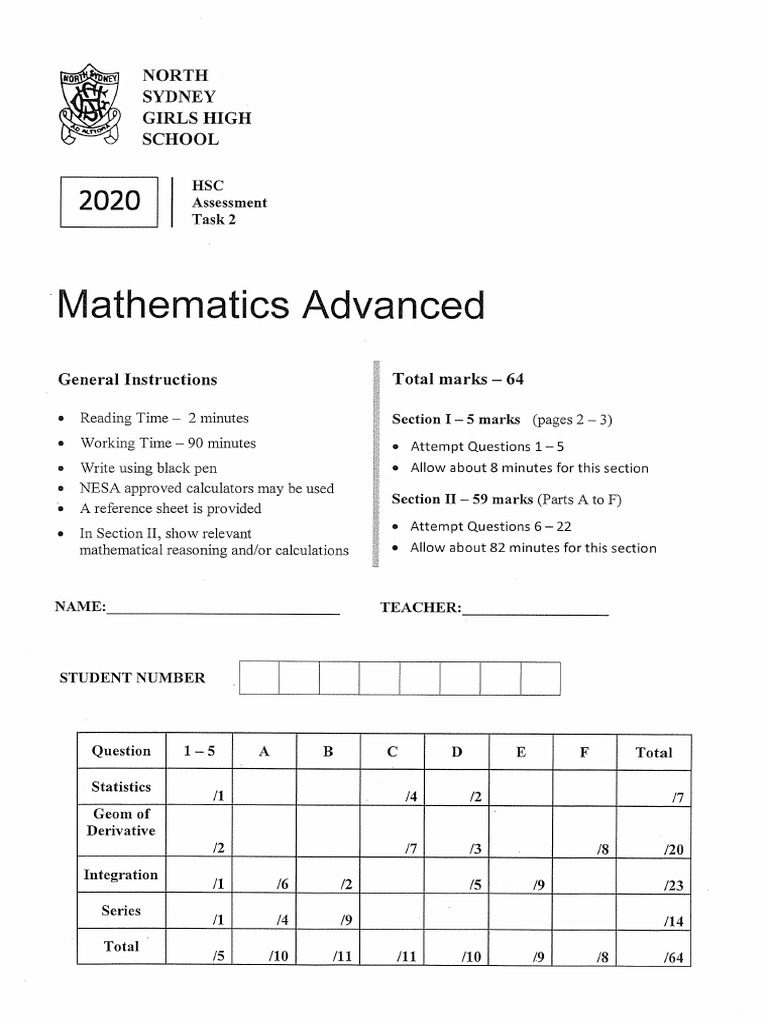 Nsghs Hsc 2020 Task2_s | PDF | Mathematics | Mathematical Analysis