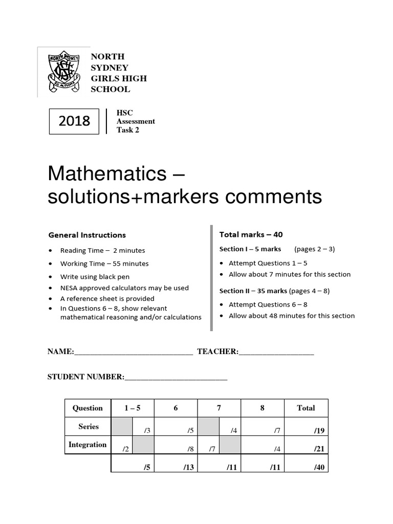 Nsghs HSC 2018 2u Task2 - S | PDF | Area | Mathematics