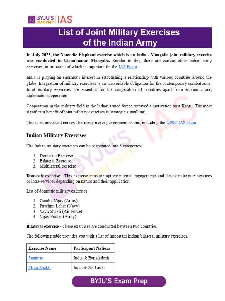 Indian Army Joint Military Exercises | PDF | Military