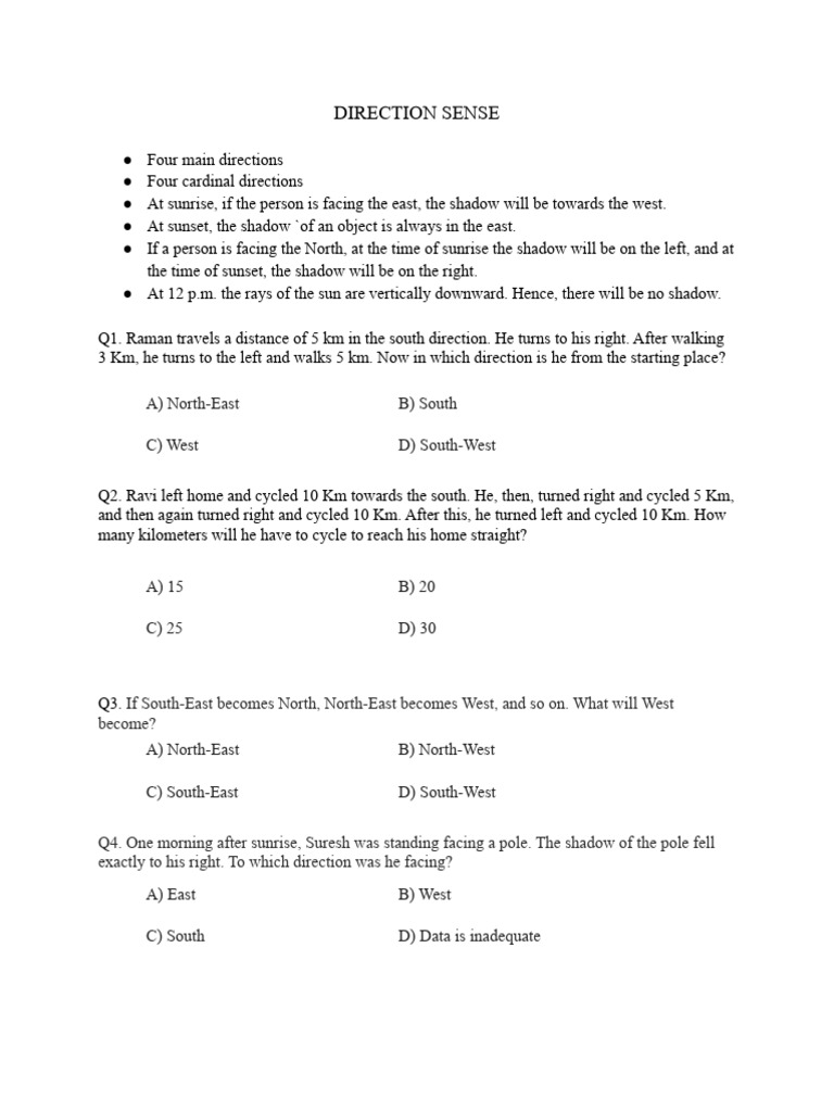 Direction Sense Worksheet | PDF | Shadow | Sun