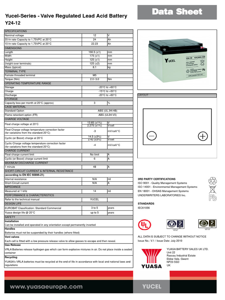 Yuasa Yucel Y24 12 Battery | PDF | Electrical Engineering | Electricity