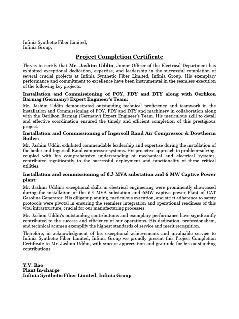 Project Completion Certificate for Jashim Uddin | PDF | Engineering