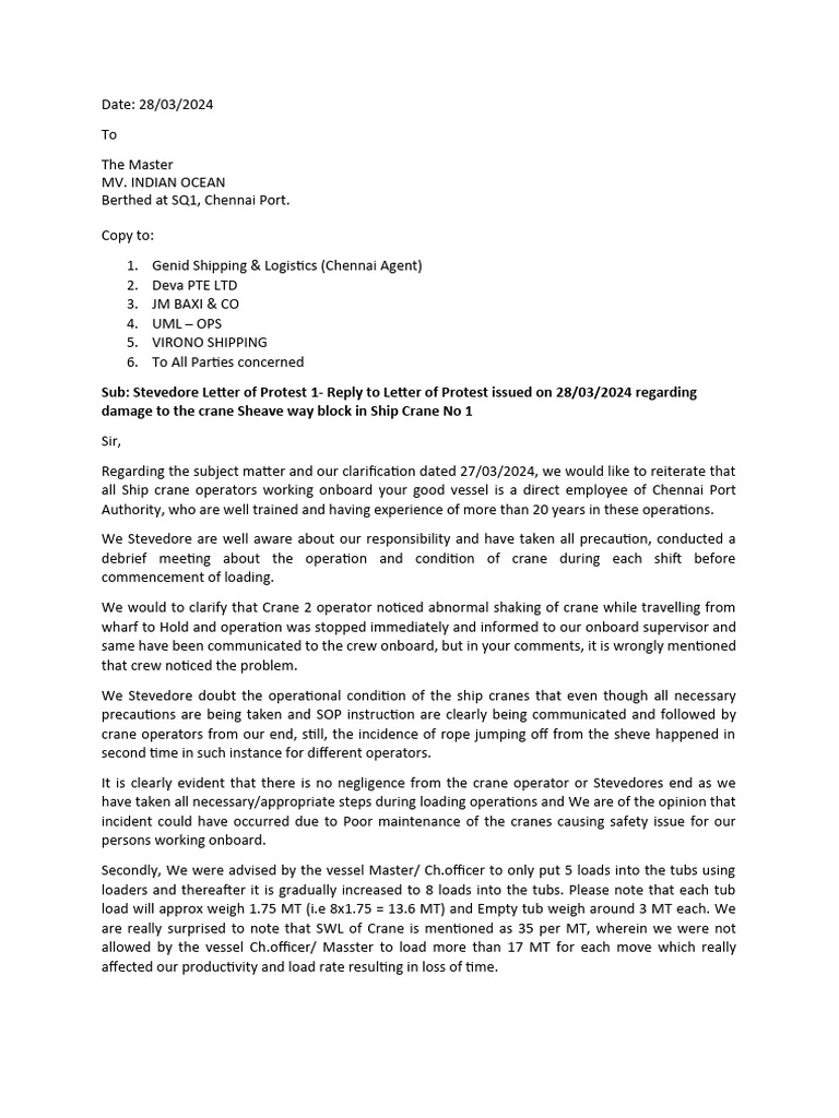 Stevedore Letter of Protest on Crane Damage | PDF | Crane (Machine ...