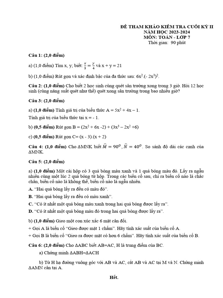 De Tham Khao Cuoi Ki 2 Toan 7 Nam 2023 2024 Phong GDDT Cu Chi TP HCM | PDF