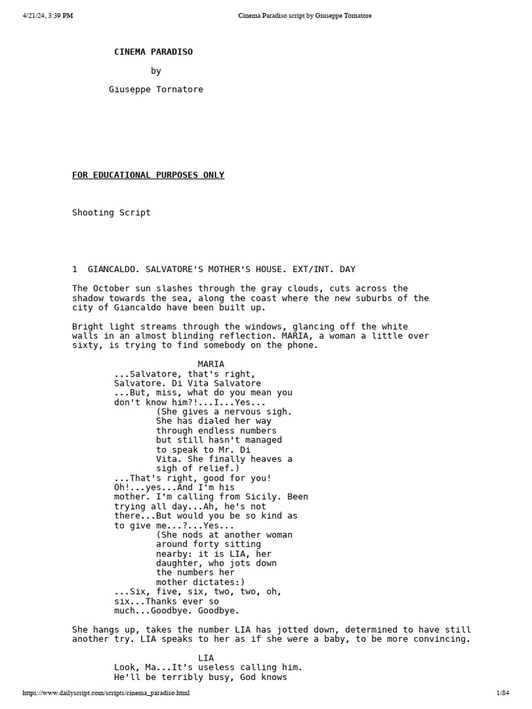 Cinema Paradiso Script by Giuseppe Tornatore | PDF