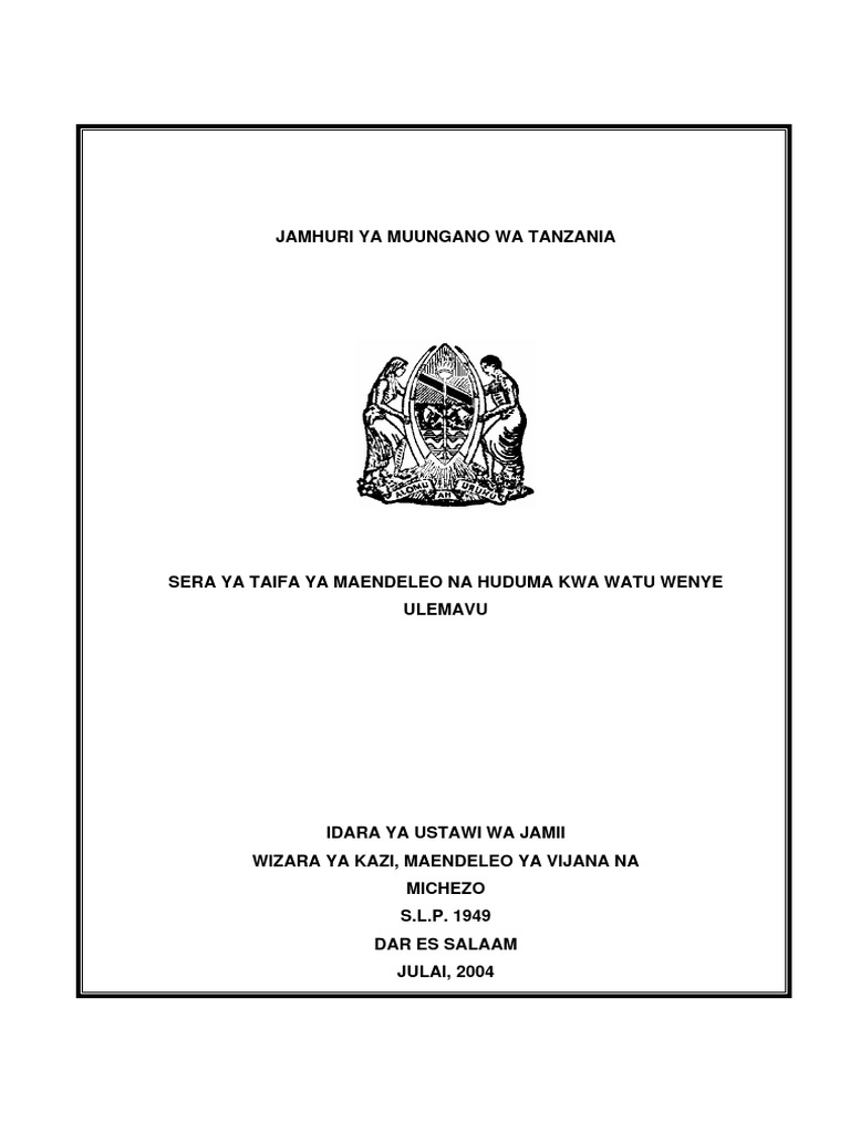 En-1599584557-Sw1591362172-Sera Ya Taifa Ya Maendeleo Na Huduma Kwa Watu Wenye Ulemavu 2004 | PDF