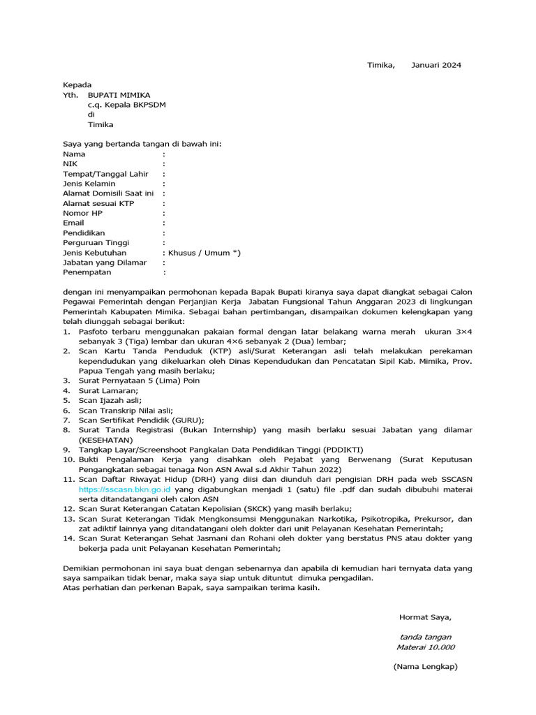 Format Surat Lamaran CPPPK Guru Dan Kesehatan Lingkup Pemkab Mimika 2023 | PDF
