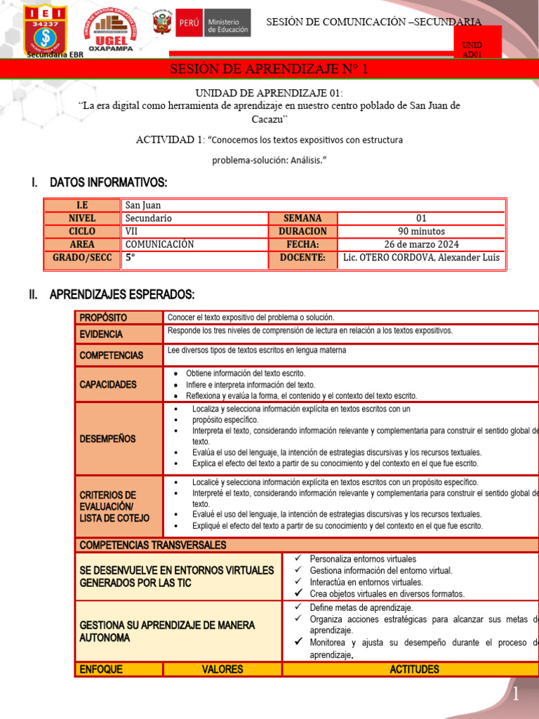 5º Com Ses 1 Uni 1 Sem 01 - 2024 | PDF | Maestros | Aprendizaje