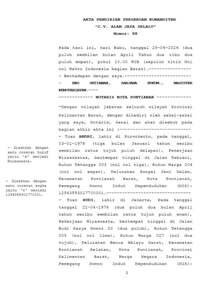 Akta Pendirian CV Alam Jaya Selalu Tugas Bapak | PDF