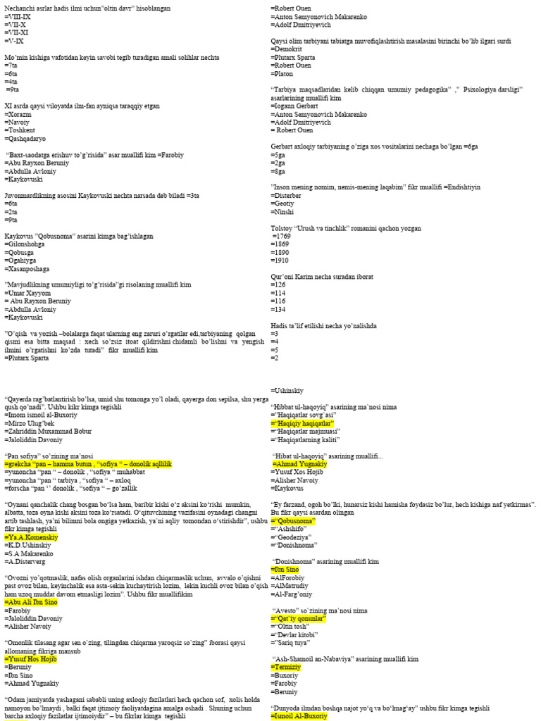 ++THE HISTORY OF GENERAL PEDAGOGY UZB Test2kurs | PDF