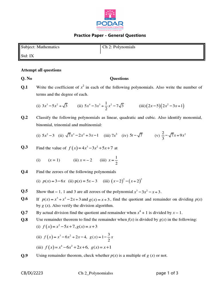 QP_CB_IX_Math_Ch 2_Polynomials_General Qs | PDF | Factorization | Polynomial