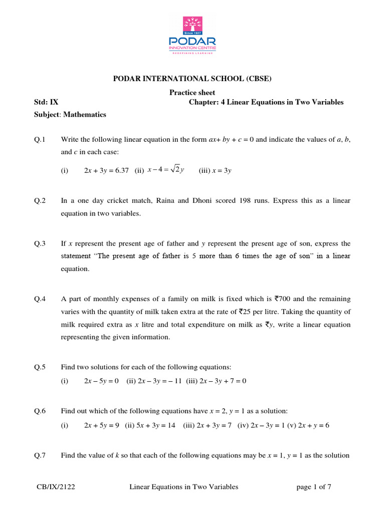 1689007850284.QP - PS - CBSE - STD IX - Math - 4 - Linear Equations in ...