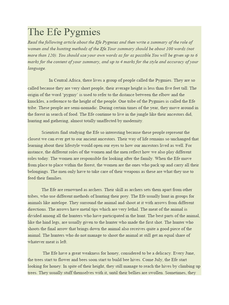 The Efe Pygmies Summarizing With Answer Grid | PDF | Hunting | Honey