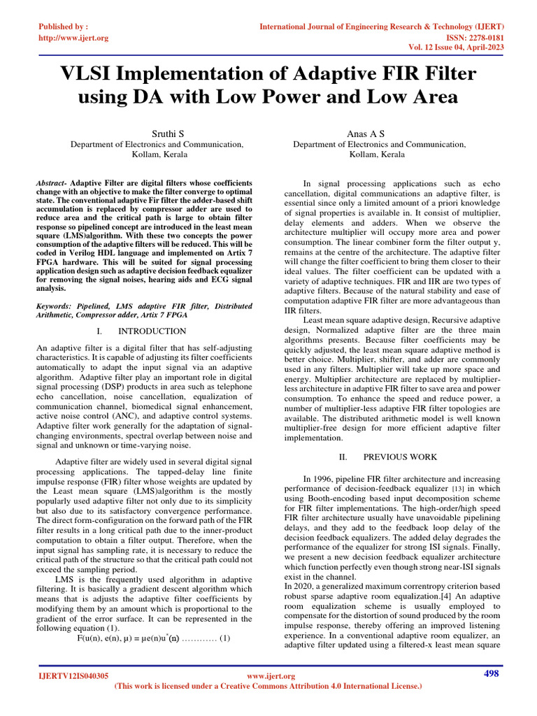 Vlsi Implementation Of Adaptive Fir Filter Using Da With Low Power And Low Area Pdf Field