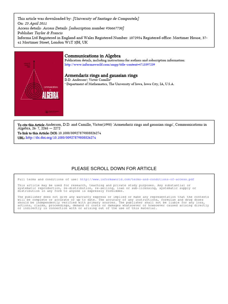 Armendariz&Gaussian Rings | PDF | Ring (Mathematics) | Polynomial Armendariz&Gaussian Rings | PDF | Ring (Mathematics) | Polynomial