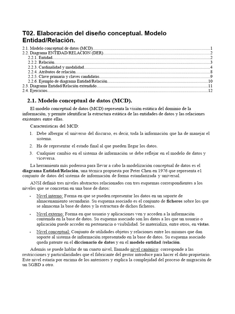 T02 Elaboración Del Diseño Conceptual. Modelo ENTIDAD-RELACION | PDF ...