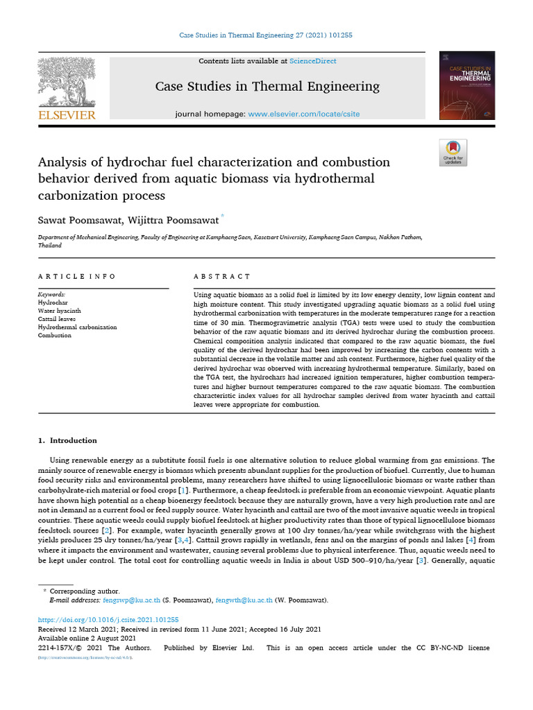 2nd - Analysis of Hydrochar Fuel Characterization and Combustion Behavior Derived From Aquatic ...