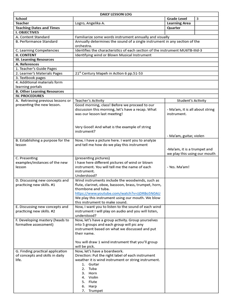 Grade 3 Wind Instruments Lesson Plan | PDF | Musical Instruments ...