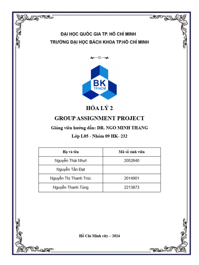 Hóa Lý 2 Group Assignment Project: Đại Học Quốc Gia Tp. Hồ Chí Minh Trường Đại Học Bách Khoa Tp ...