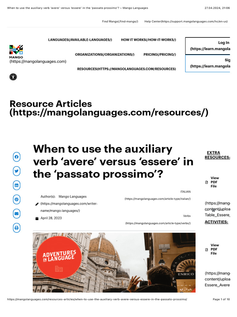 When To Use The Auxiliary Verb Avere' Versus Essere' in The Passato ...