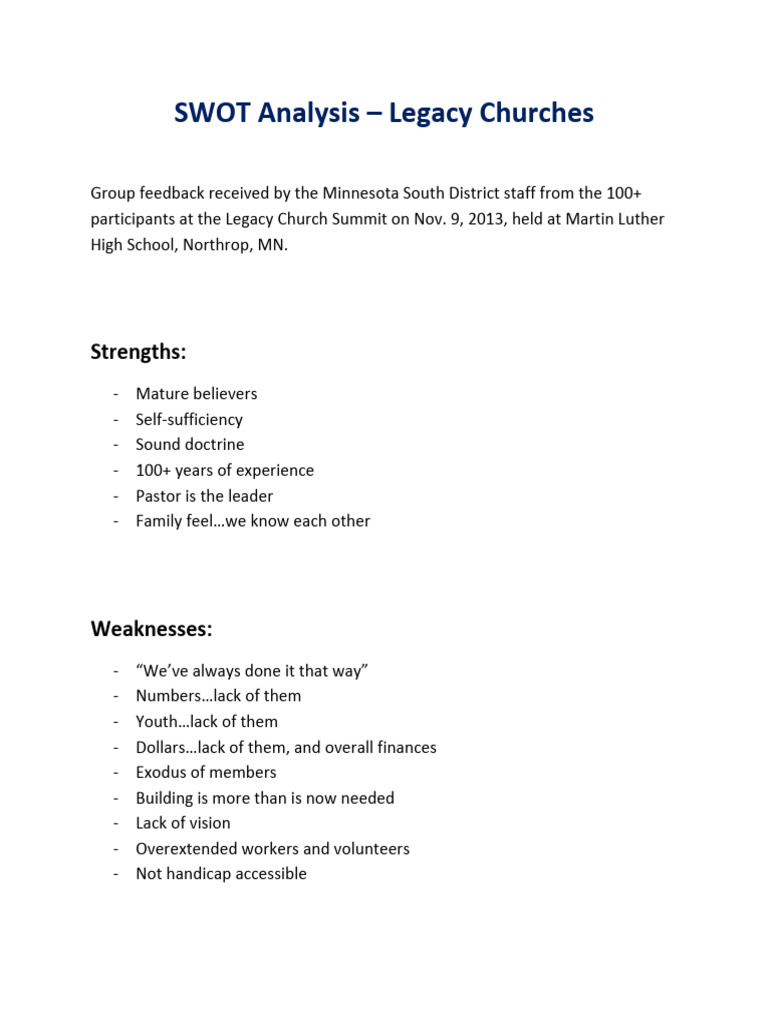 ArchChurch SWOT Analysis Sample | PDF | Protestantism | Christian ...