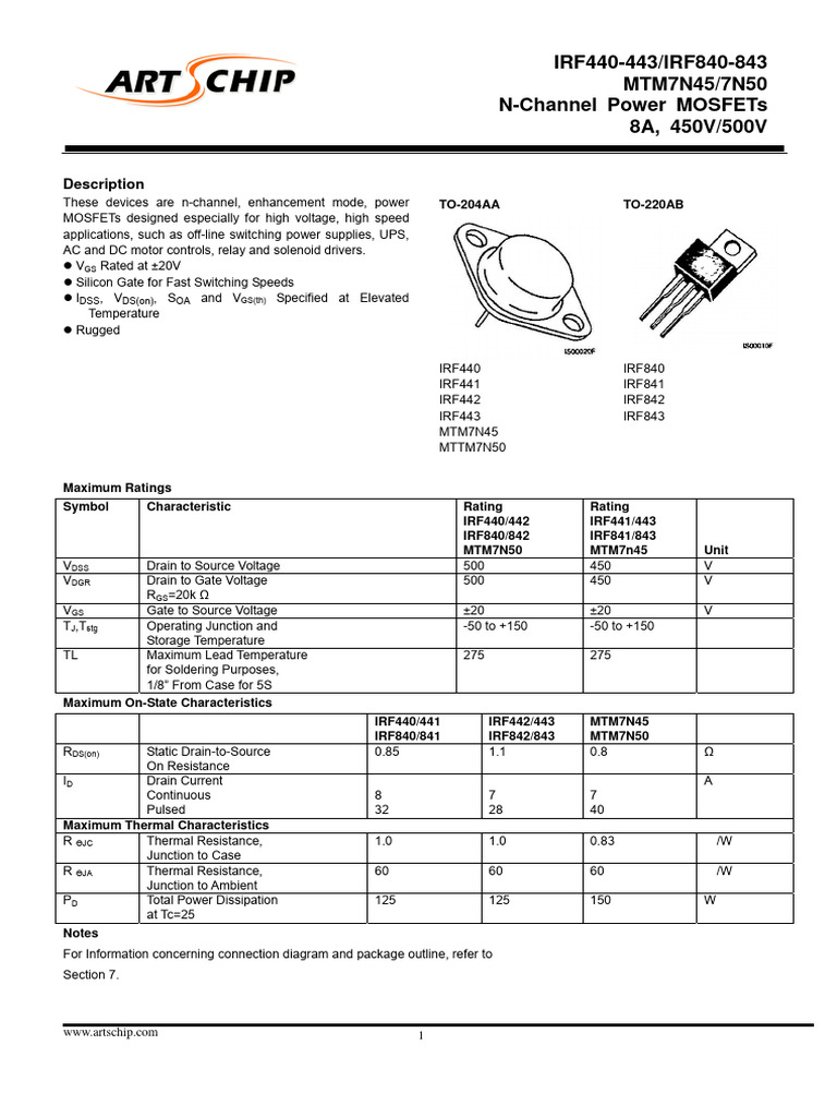 IRF840 Datasheet | Download Free PDF | Field Effect Transistor | Mosfet