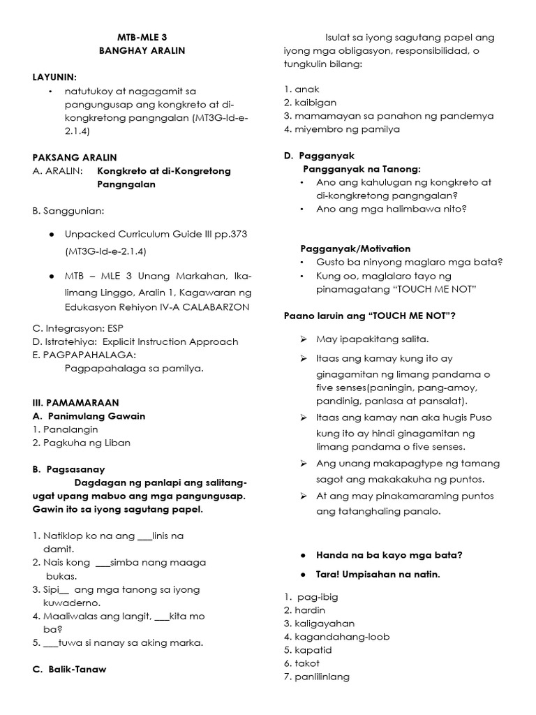 Mtb-Mle 3 Q1 Kongkreto at Di-Kongkretong Pangngalan | PDF