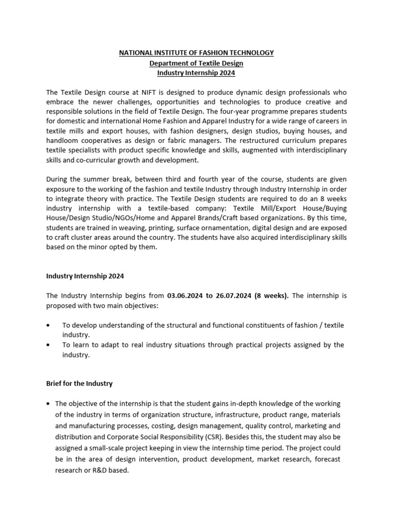 NIFT Industry Internship Guidelines 2024 | PDF | Textiles
