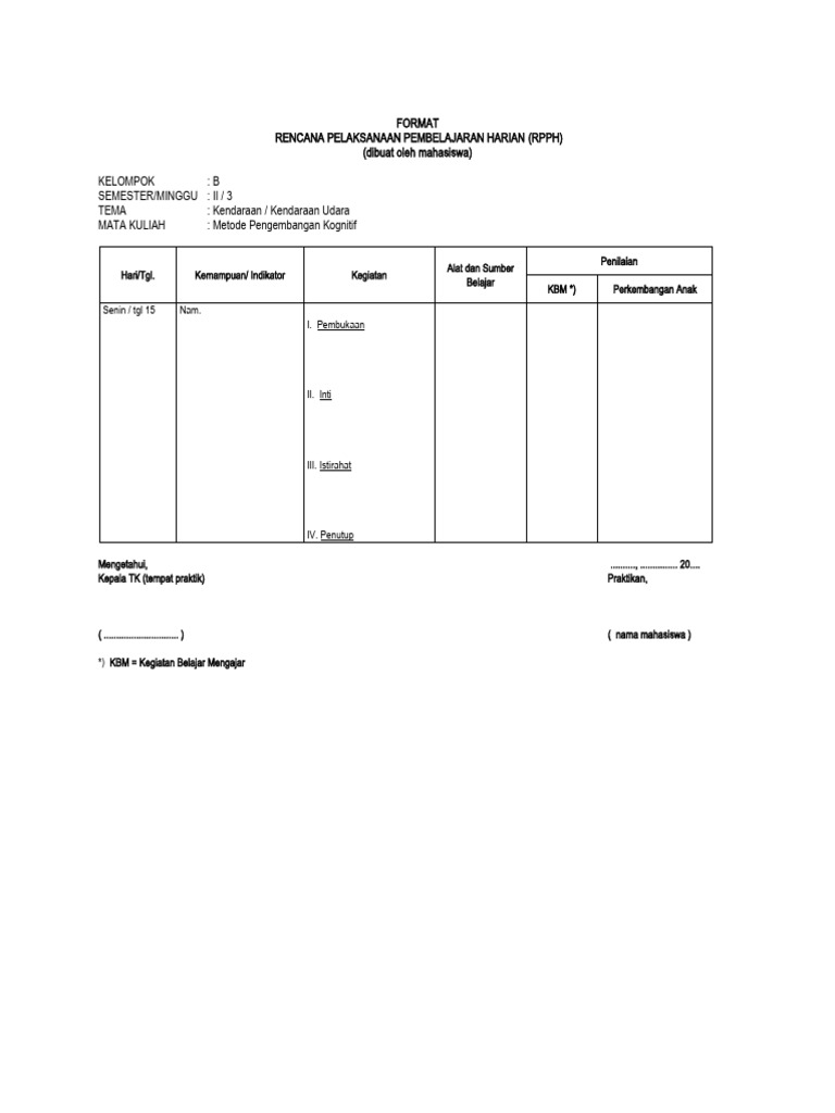 Format RPPH Metode Pengembangan Kognitif | PDF