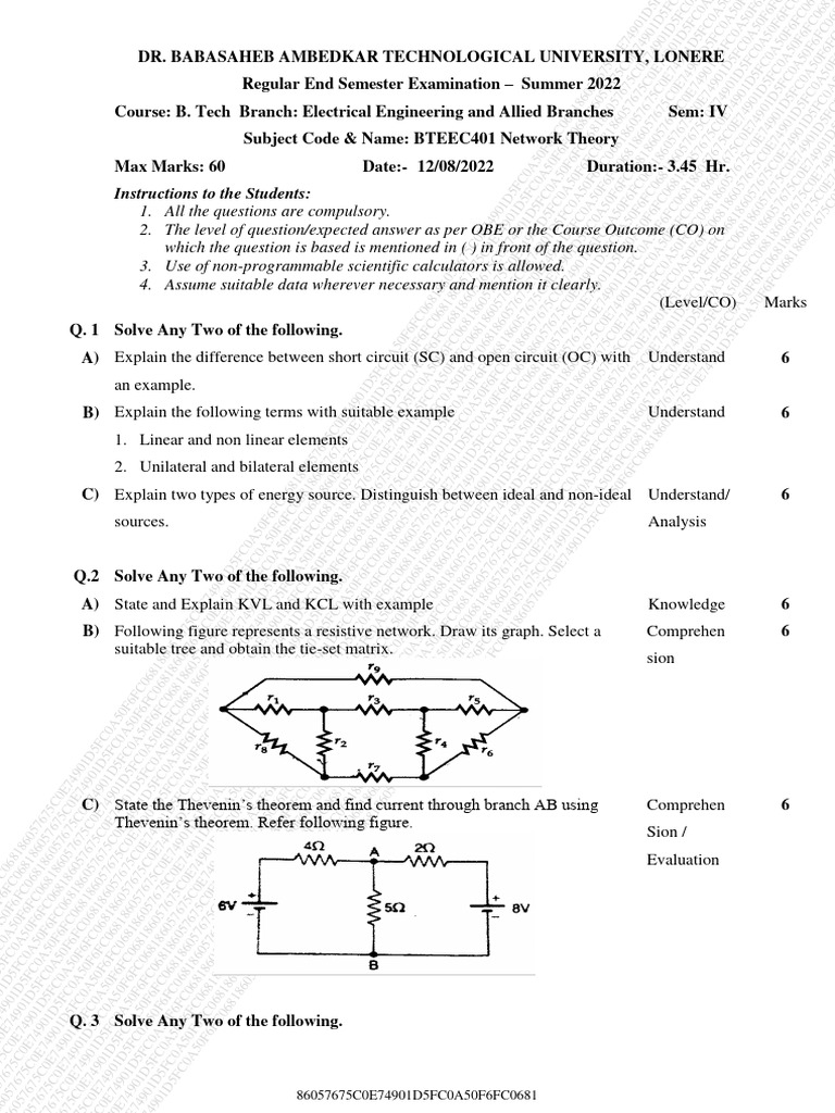 Btech Ee 4 Sem Network Theory Bteec401 Aug 2022 | PDF