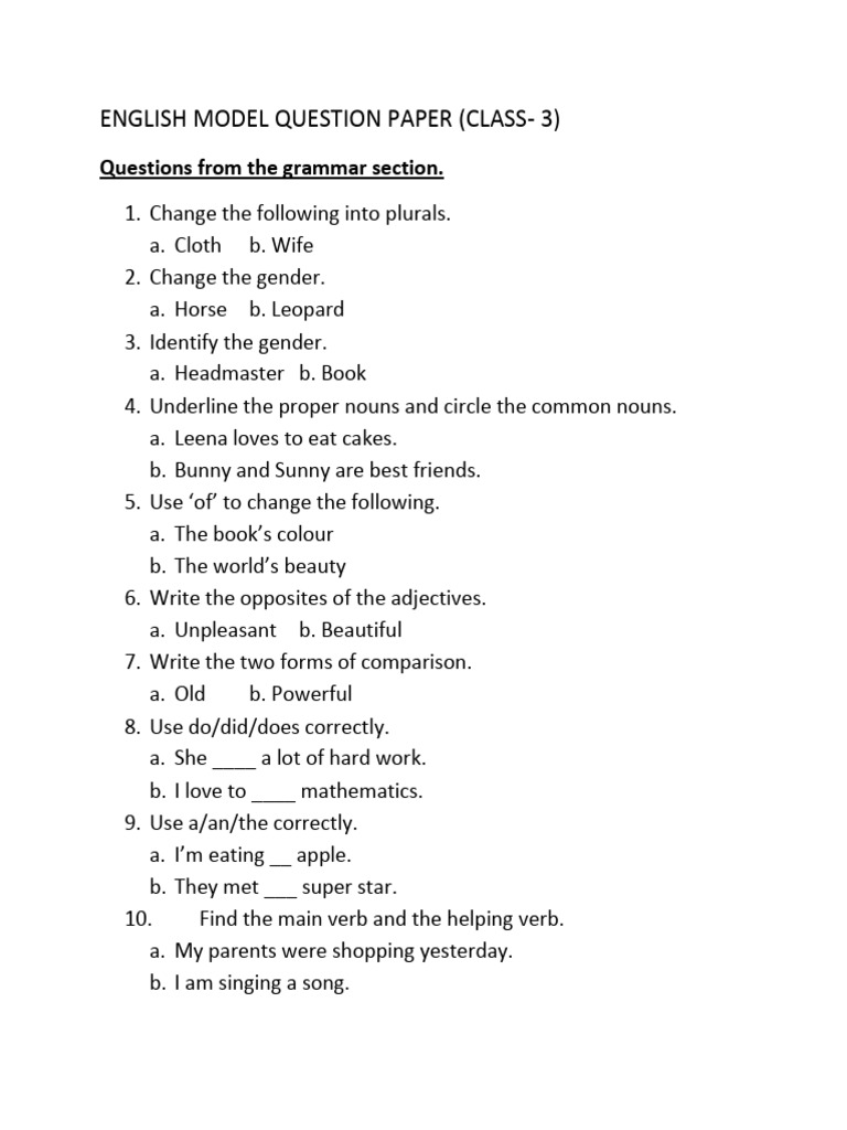 Class 3 English Model Question Paper | PDF | Language Mechanics ...