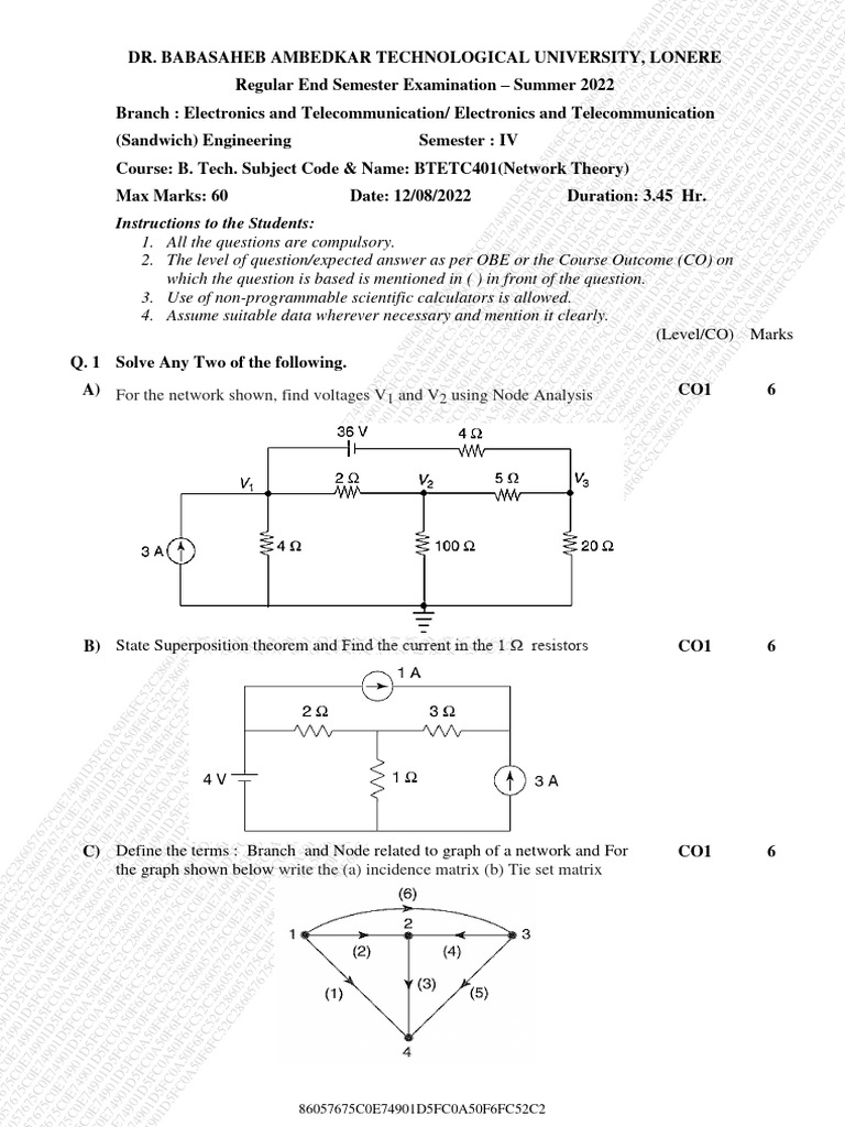 Btech Ete 4 Sem Network Theory Btetc401 Aug 2022 | PDF