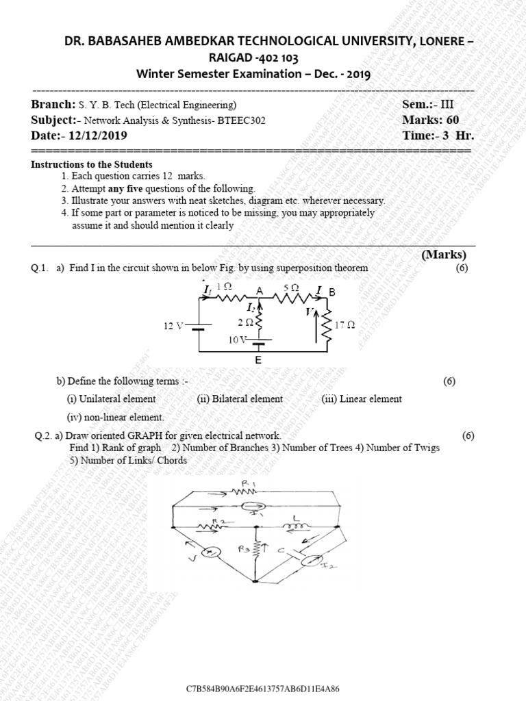 Btech Ee 3 Sem Network Analysis and Synthesis Bteec302 Dec 2019 | PDF