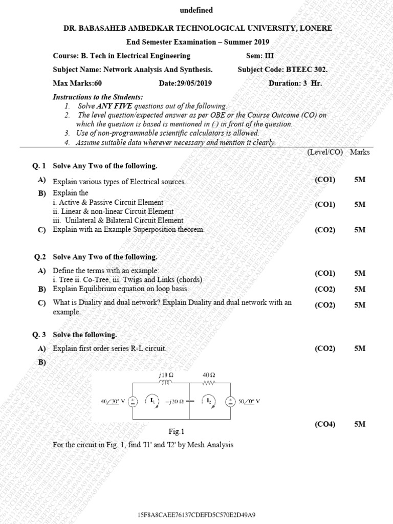 Btech Ee 3 Sem Network Analysis and Synthesis Bteec 302 May 2019 | PDF