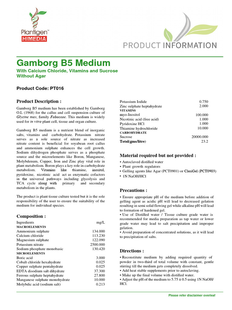 Gamborg B5 Medium: With Calcium Chloride, Vitamins and Sucrose Without ...